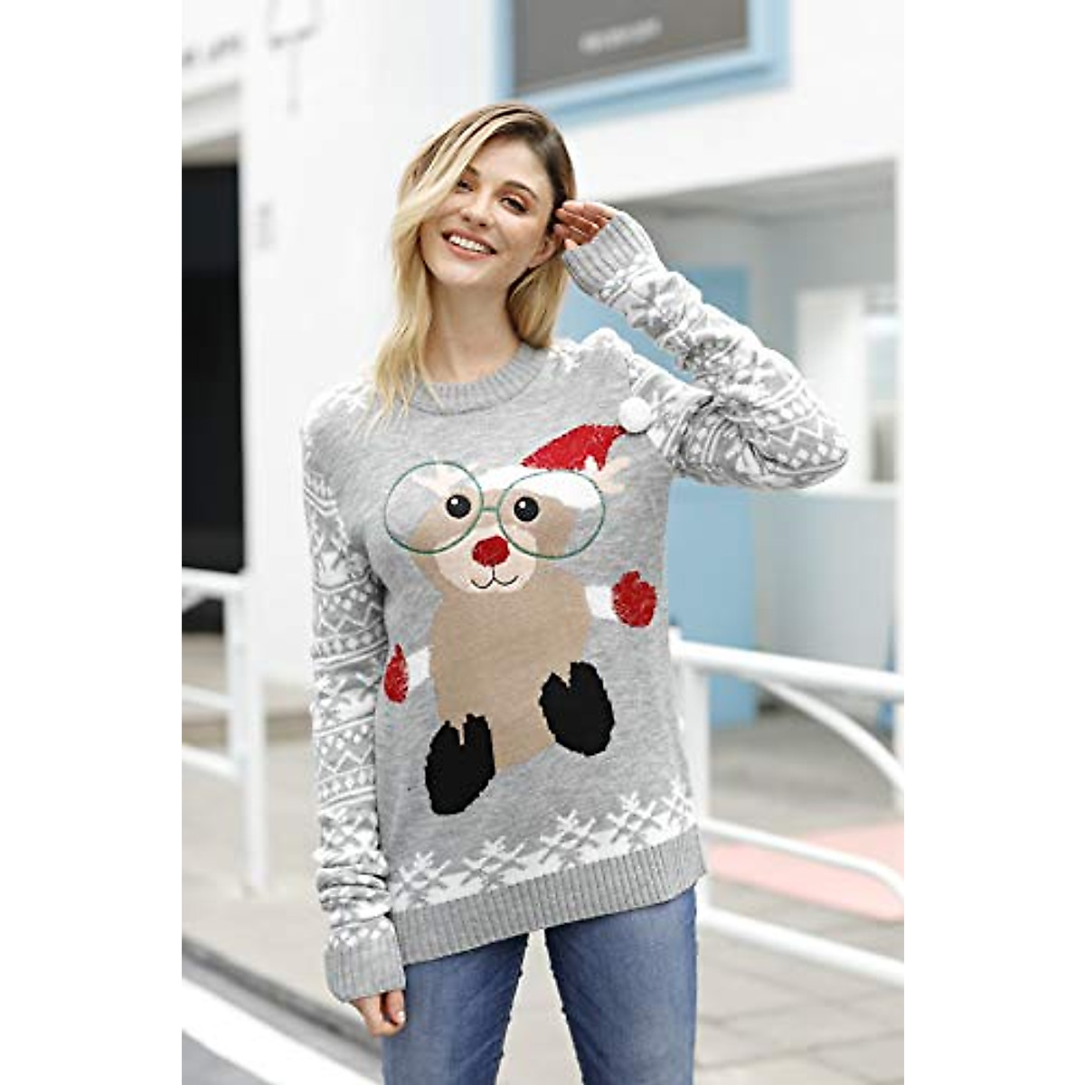 Viottiset Women's Ugly Christmas Xmas Pullover Knitted Sweater Grey Funny Squirrel M