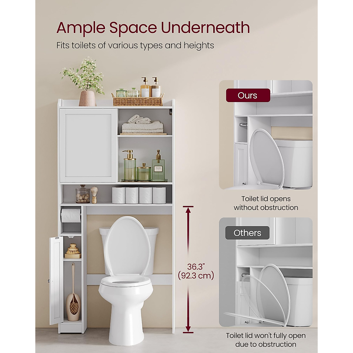 VASAGLE Over The Toilet Storage Shelf, Bathroom Storage Cabinet with Sliding Door, Adjustable Shelves, Toilet Paper Holder, Space-Saving, Modern, 9.8 x 32.7 x 66.9 Inches, Cloud White UBTS018W01