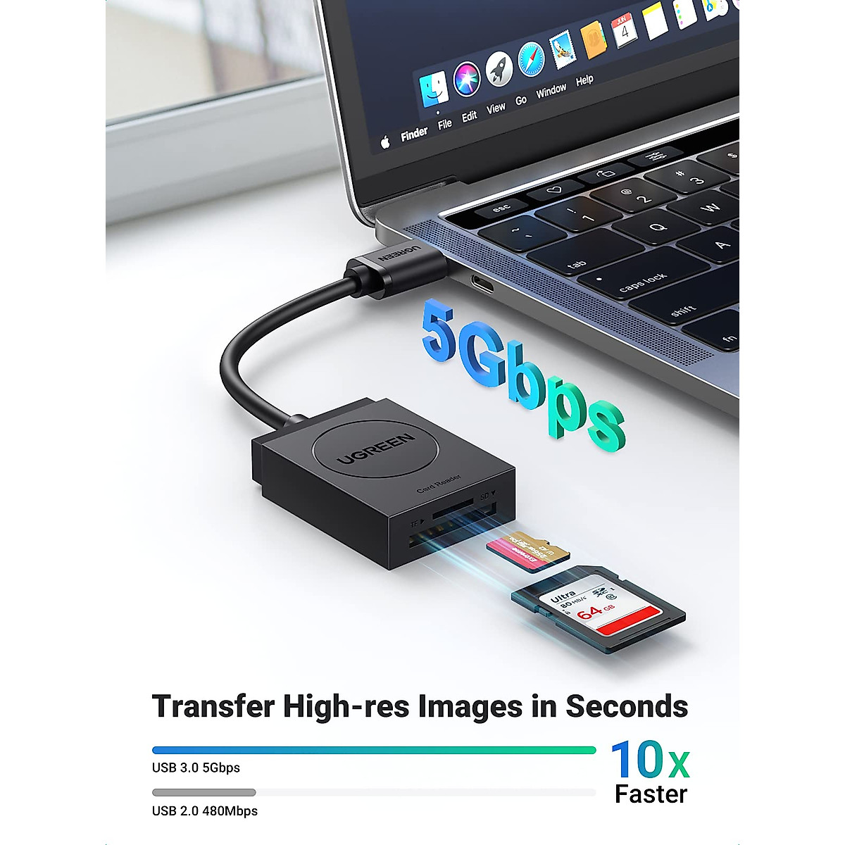 UGREEN SD Card Reader USB 3.0 Dual Slot Flash Memory Card Reader TF SD Micro SD SDXC SDHC MMC RS-MMC Micro SDXC Micro SDHC UHS-I for Mac Windows Linux Chrome Read 2 Cards Simultaneously