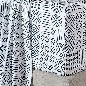 Indigo Ink - Queen Size Sheet Set, 4-Piece Boho Geometric Patterned Bedding, Soft & Wrinkle Resistant (White Denim Collection, Navy Blue)