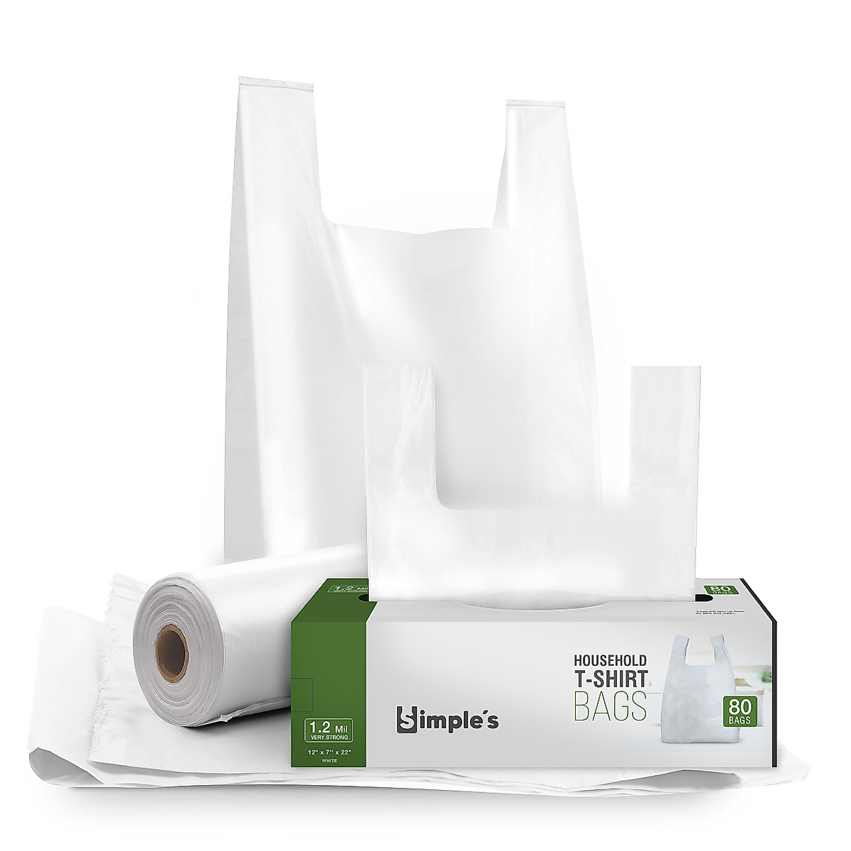 Simple's Plastic Bags with Handles For Small Business,(80 Count) Very Strong Shopping Bags, Grocery bags, plastic t-shirts bag, to go bags, Bag Dispenser Roll - Measures 12"x7"x22", 1.2 Mil Thickness