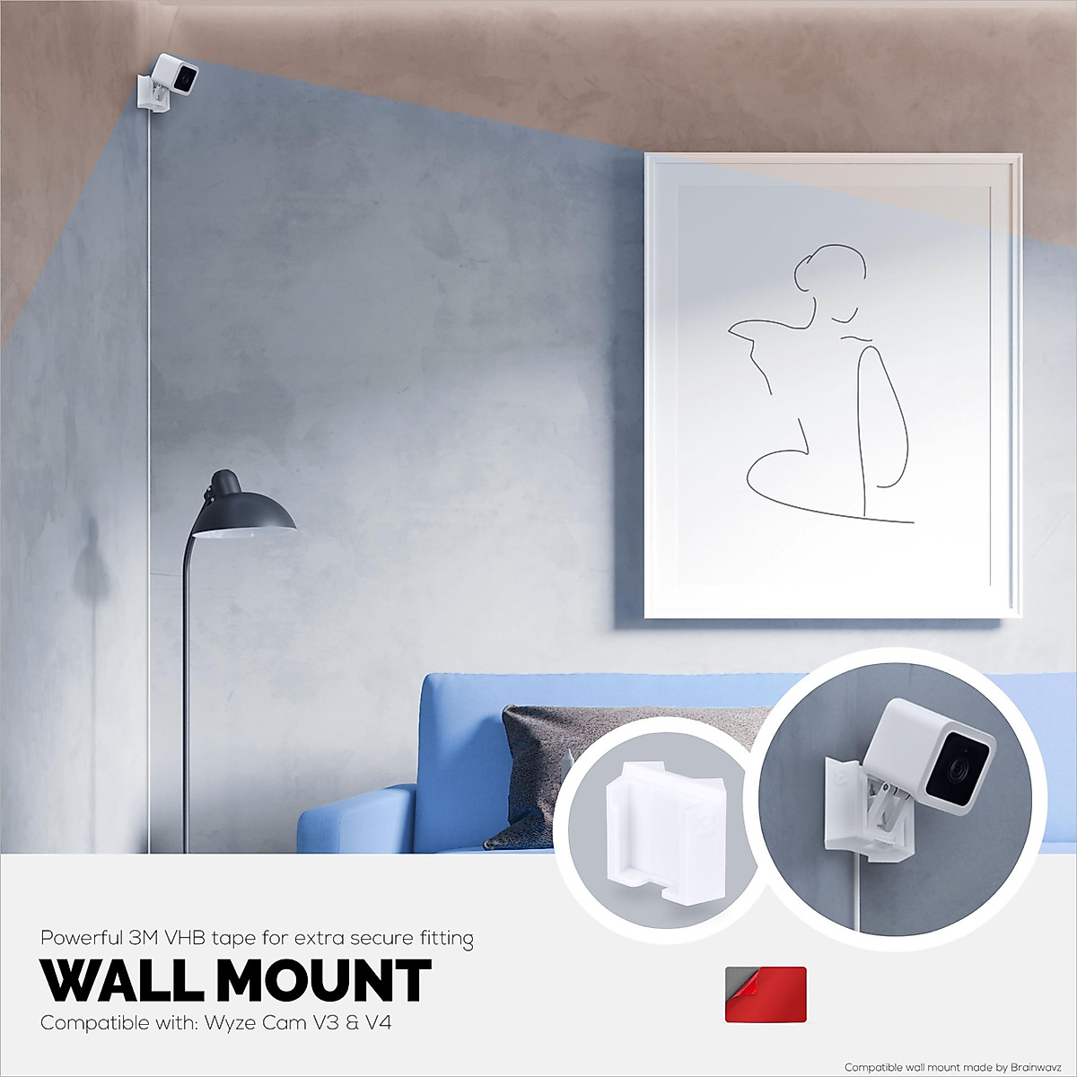 BRAINWAVZ Screwless Corner Mount for Wyze Cam v3 & v4, VHB Stick On - Easy to Install, No Tools Needed, No Mess, No Drilling, Strong Adhesive Mount, White