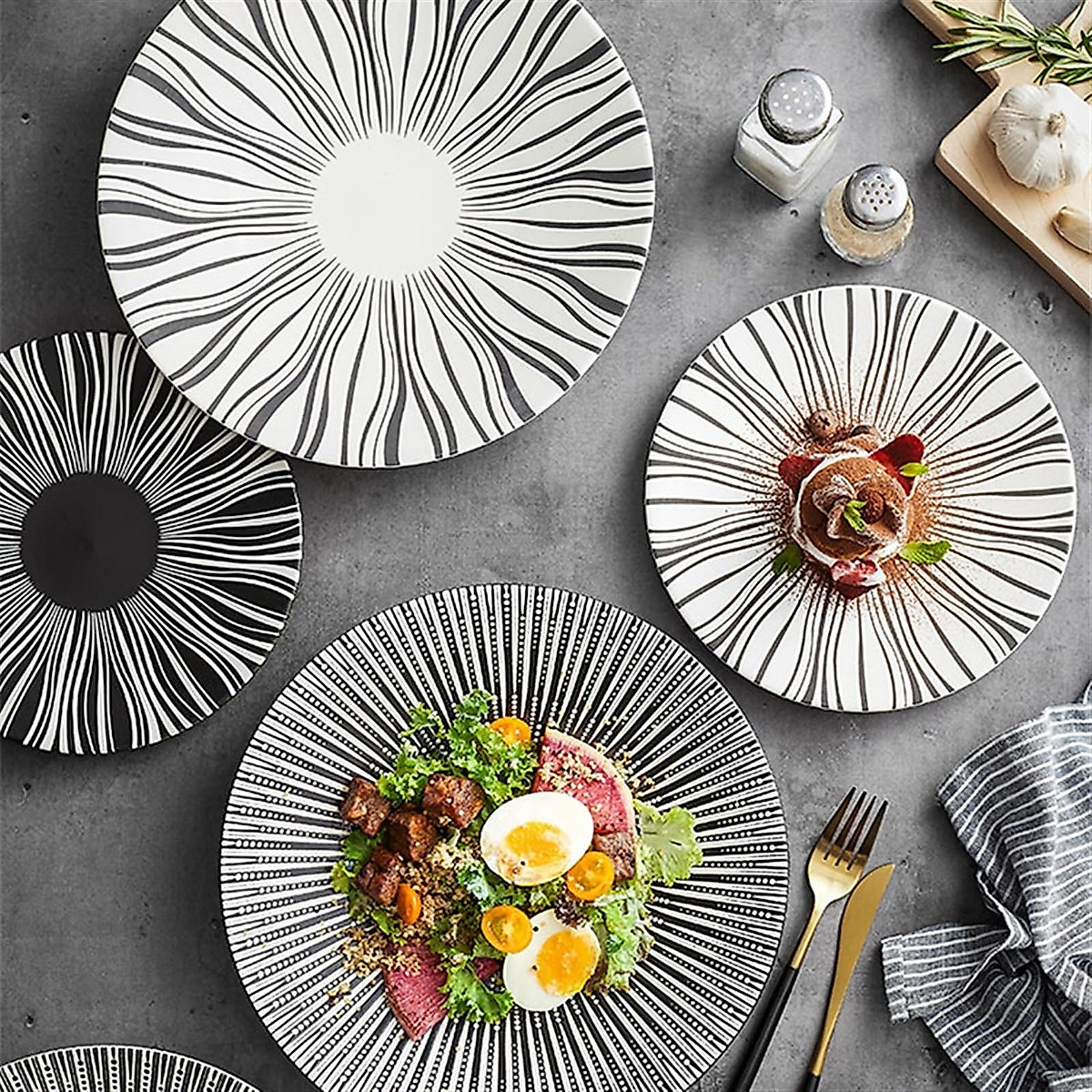 Dinner Plates Set Ceramic Dinner Plate Western Food Chinese Dinner Plate Home Kitchen Restaurant Plate Round Stripe Flat Plate Dessert Fruit Tray Kitchen Salad Bowl ( Color : A , Size : 8.27in )