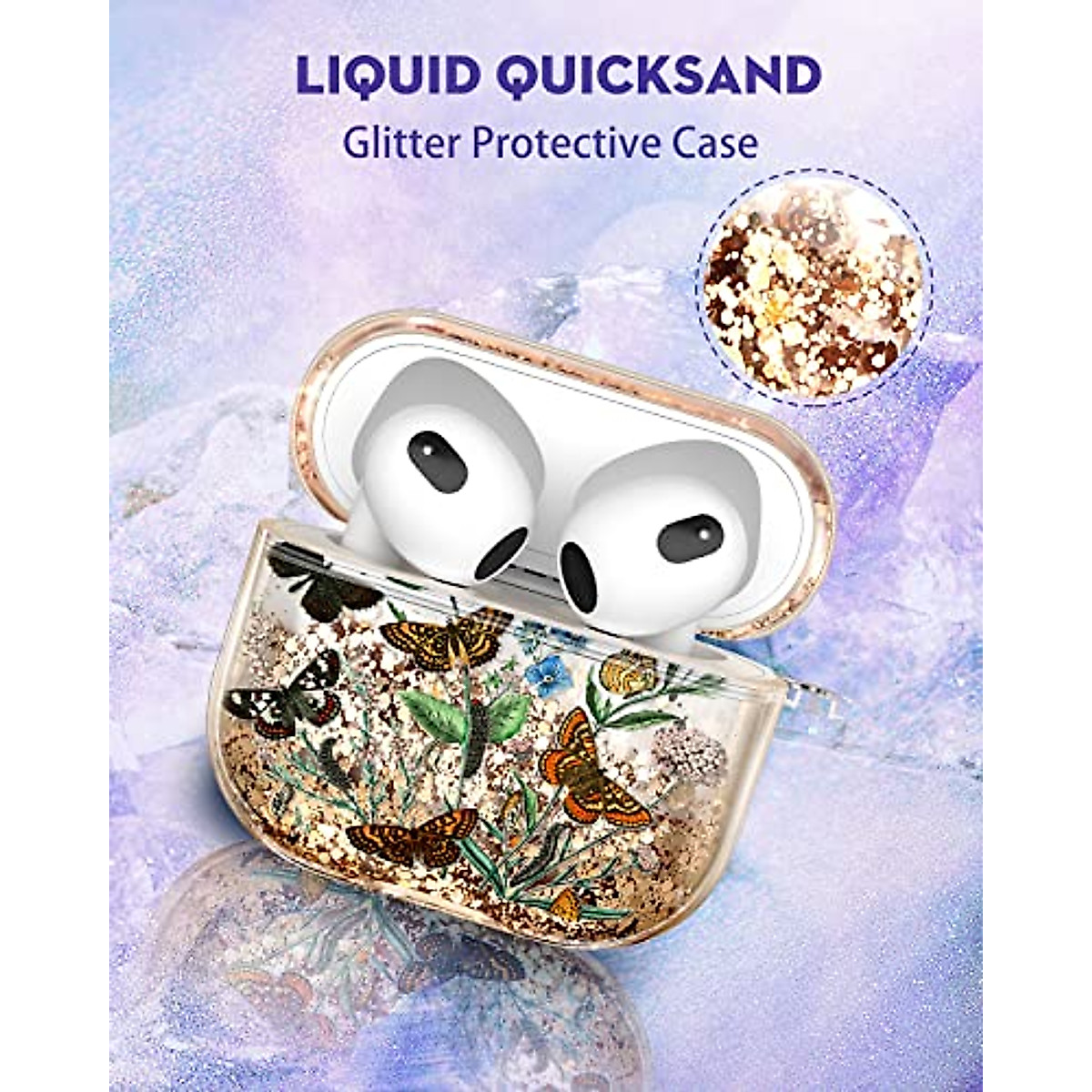 Kokaaee for Airpods 3rd Generation Case Women Cute Funda Cover Kawaii Aesthetic Girls Estuche Protector Keychain Girly Liquid Glitter Bling Sparkly Butterfly Design for Apple Air Pod Gen 3 Cases