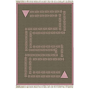 Casavani Hand Block Printed Area Rug Geometric Green & Pink Cotton Dhurrie Washable Kitchen Rugs with Tassels for Bedroom,Laundry,Living Room,Porch 4x6 5x8 2x3 Feet