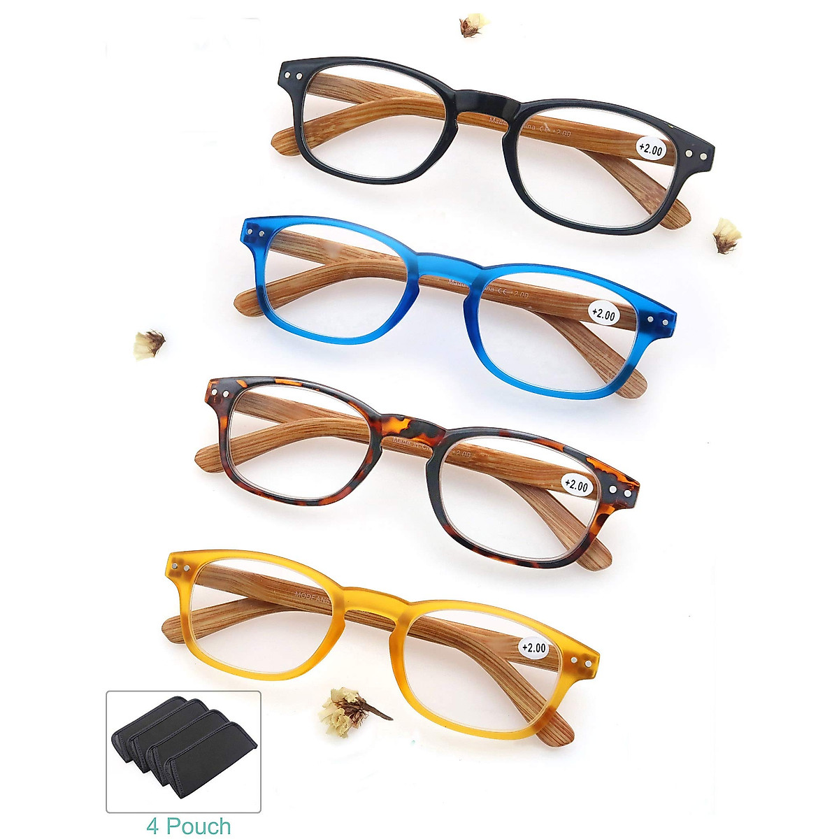 MODFANS 4 Pack Reading Glasses 2.0 Fashion Wood-Look Spring Hinges Stylish Readers Men Women