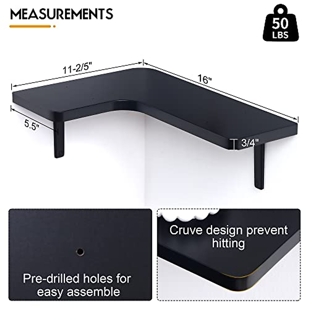 Corner Floating Shelves Set of 4 | Corner Wall Shelves | Wall Mounted Corner Storage Display Shelving for Bathroom, Bedroom, Living Room, Kitchen | 16" W x 11-2/5" D | L-Shaped, Matte Black