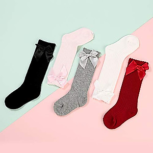 BSMTEBN 5Pairs Baby Kids Cotton Soft Breathable Knee-High Over Calf Socks Girls Striped Bowknot Bow Cute School Socks Infant Newborn Leg Warmers Stockings (M(2-4 Years))