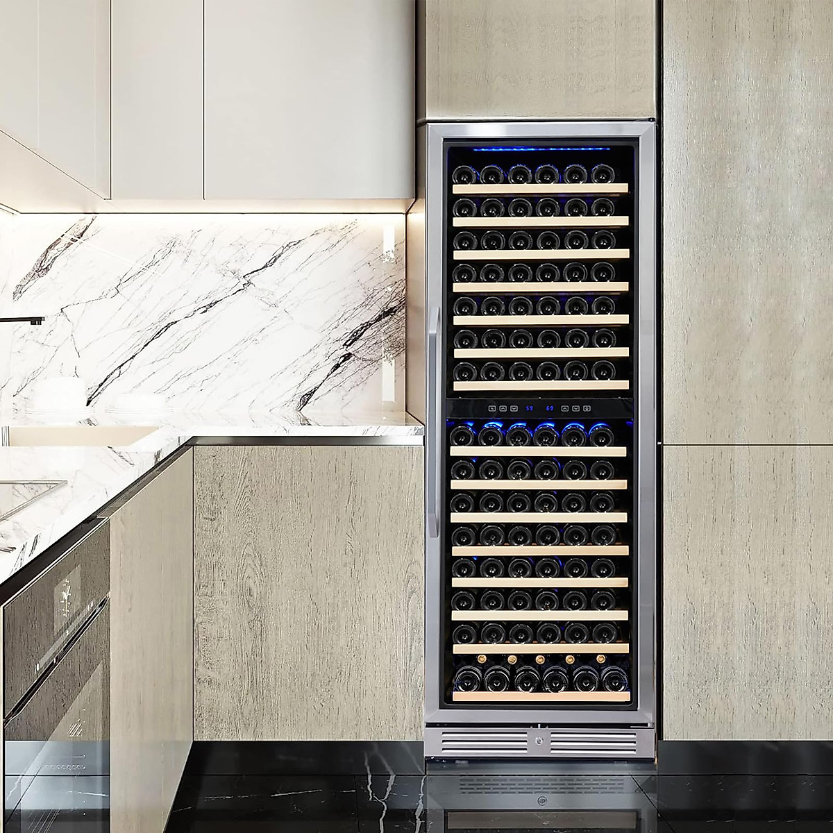24 Inch Wine Fridge Dual Zone 160 Bottle, Tall Wine Cooler Refrigerator Built-in or Freestanding with Temperature Control System, Professional Compressor, Low Noise and Intelligent Temperature Memory