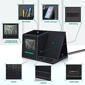 Pen Holder, Pen Organizer for Desk with Wireless Charger, Digital Indoor Thermometer and Humidity Gauge, Desk Organizers and Storage, Multifunctional Home Office Organizers for Desk (Battery Included)