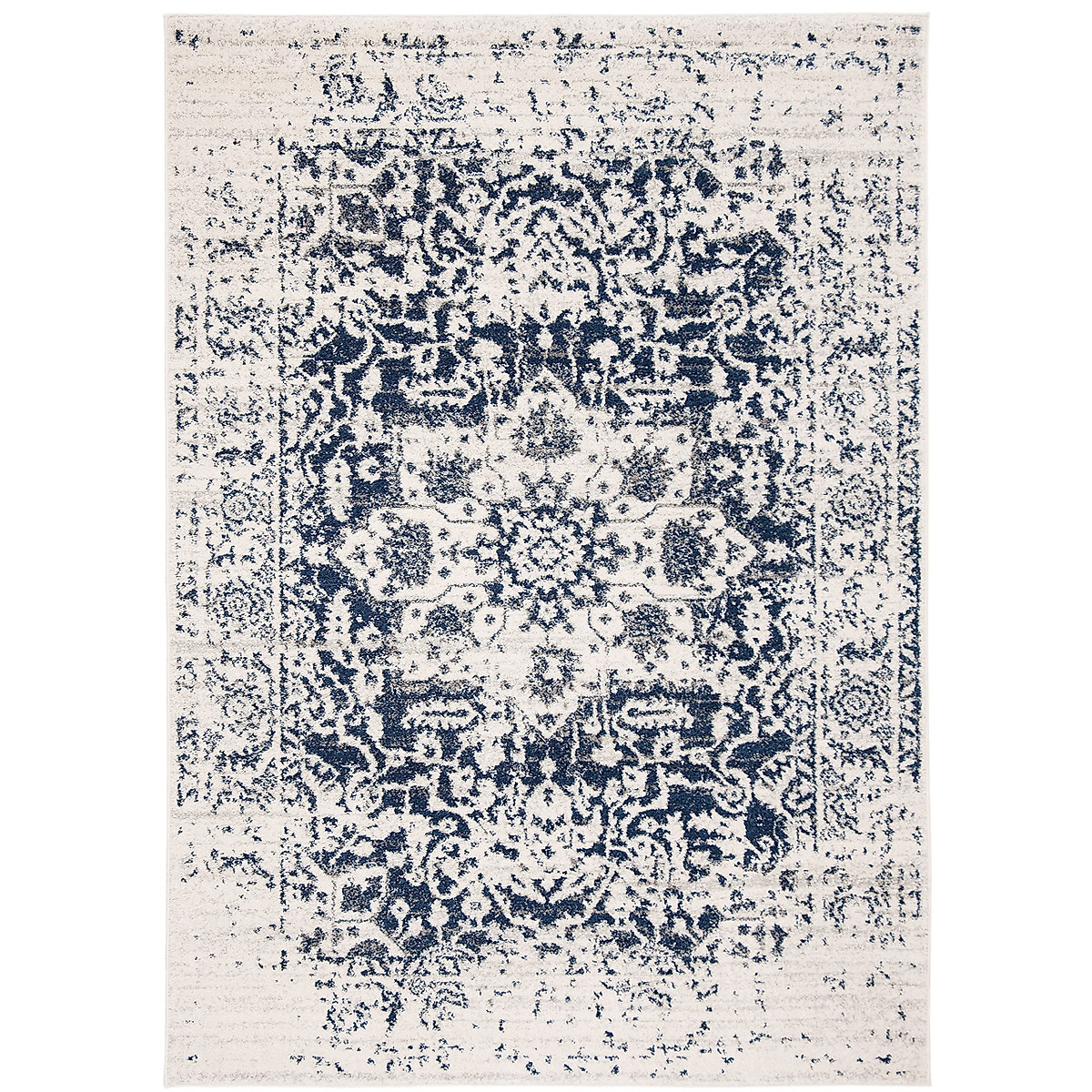 SAFAVIEH Madison Collection Area Rug - 6'7" x 9'2", Cream & Navy, Snowflake Medallion Distressed Design, Non-Shedding & Easy Care, Ideal for High Traffic Areas in Living Room, Bedroom (MAD603D)