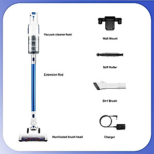 CARFARM Cordless Vacuum Cleaner, Stick Vacuum Cleaner, Handheld Vacuum Cleaner, 60 min Long Runtime Lightweight Stick Vacuum with Crevice Tool, Dusting Brush for Home, Carpet, Hardwood Floor (Blue)