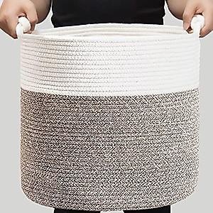 NamRamo Blanket Basket Living Room 15.8" x 15.8" x 13.8", Large Basket Baby Toy Basket, Cotton Rope Laundry Basket with Handle, Rope Basket, Woven Storage Basket, White & Brown Hamper