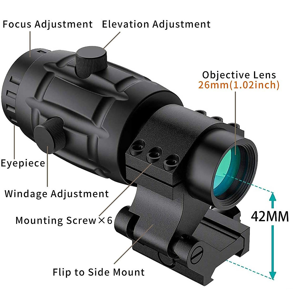 Beileshi 4X Optics Red Dot Sight Magnifier with Flip to Side Mount