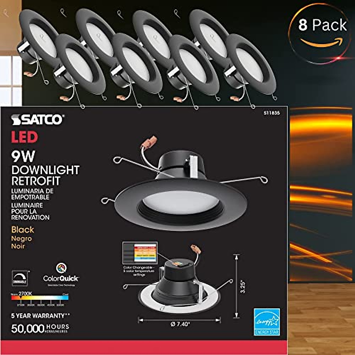 Satco (8 Pack) Led Color Selectable Downlight Retrofits, Part Number S11835, 9 Watt; 5 Inch - 6 Inch; Cct Selectable; 120 Volts; Dimmable; Black Finish for Industrial and Commercial Use