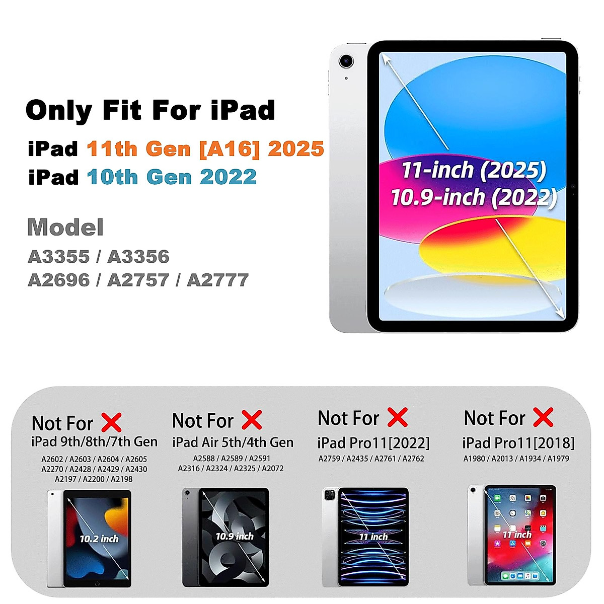 BATYUE Case for iPad (A16) 11th/10th Generation 10.9'' inch 2025/2022, Rugged Protective Shockproof Cover for Kids Girls with Screen Protector, 360° Rotating Stand, Pencil Holder, Black