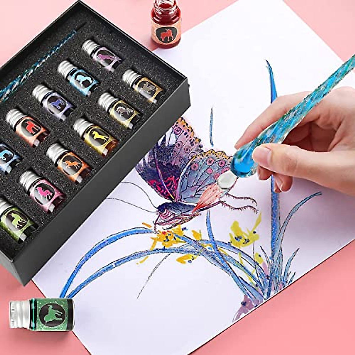 mancola Glass Dipped Pen Ink Set Handmade Crystal Calligraphy Pen with 12 Colorful india ink for Art, Signatures, Drawing, Decoration, Calligraphy Kits for Beginners Ma-13