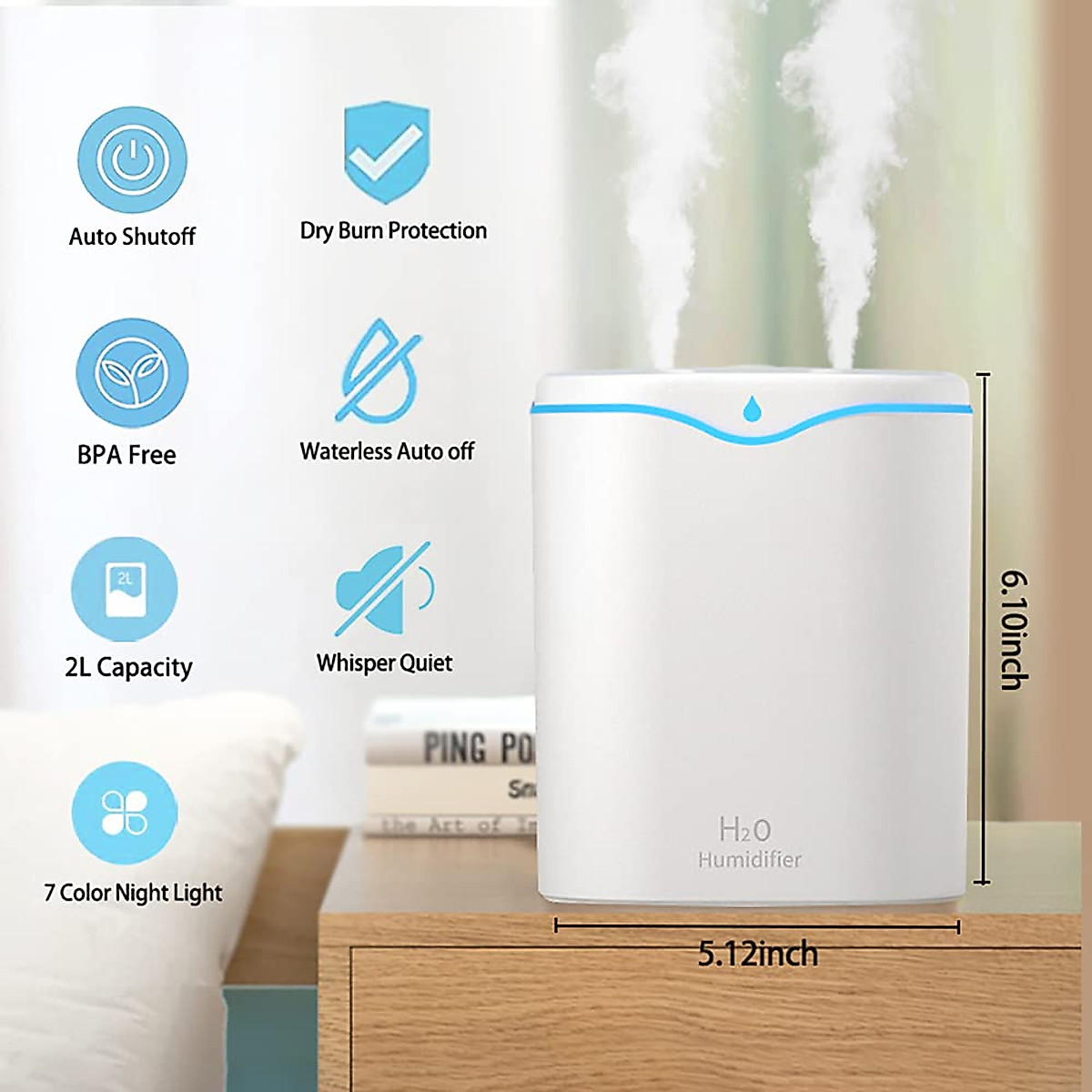 DOUBFIVSY Humidifiers for Bedroom, 2L Ultrasonic Cool Mist Humidifier, Air Vaporizers for Bedroom, USB Personal Desktop Humidifier with 7-Color Night Light & 2 Mist Modes Auto Shut Off, for Baby Home