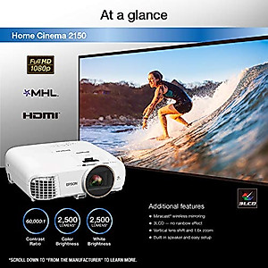 Epson Home Cinema 2150, Wireless, Full HD, 1080p, 2,500 lumens color brightness (color light output), 2,500 lumens white brightness (white light output), 2x HDMI (1 MHL), Miracast, 3LCD projector