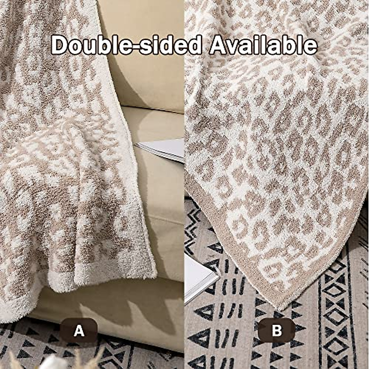 bearberry Fuzzy Leopard Knitted Throw Blanket Soft Cozy Warm Microfiber Blanket for Couch Sofa Bed Travel (Stone/Cream, 50"x60")