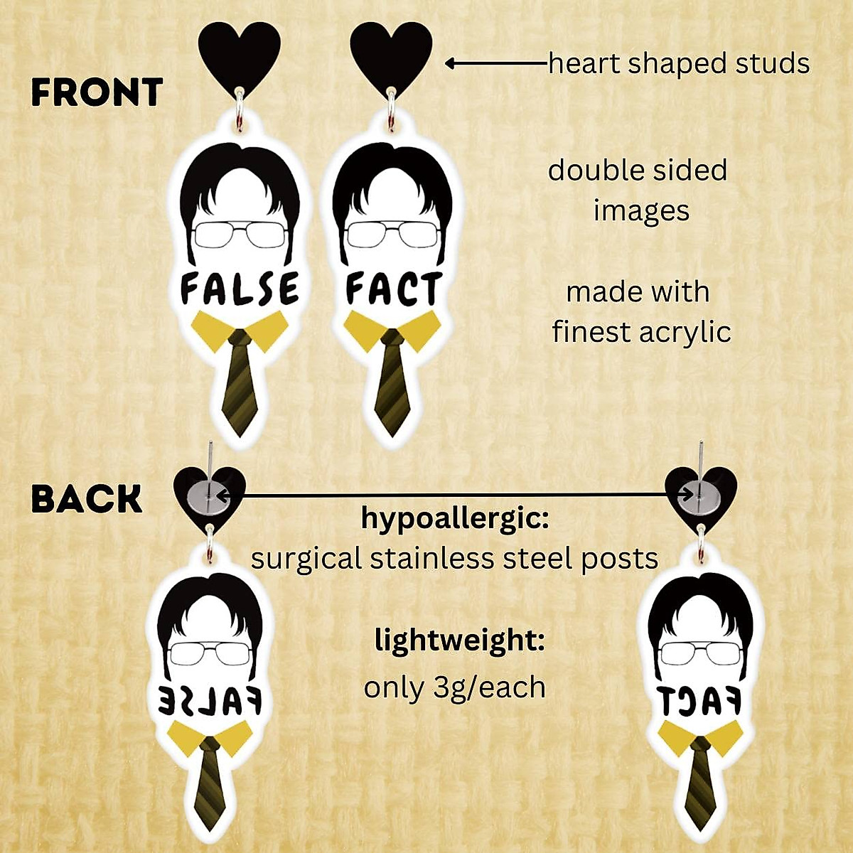 Fun Earrings, Office Dwight Schrute Costume Accessories, Office Party Favors, Office Merchandise, Office Gifts for Women (Fact False)