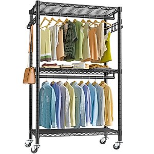VIPEK V12 Heavy Duty Rolling Garment Rack 3 Tiers Adjustable Wire Shelving Clothes Rack with Double Rods and Side Hooks, Freestanding Wardrobe Storage Rack Metal Clothing Rack, Black