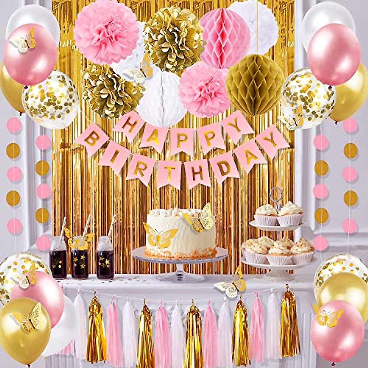 Pink and Gold Birthday Party Decorations for Women with Happy Birthday Banner,Curtains, Butterfly Wall,Circle Dots Garland,Tissue Pompoms,Paper Tassels Garland Birthday for Her