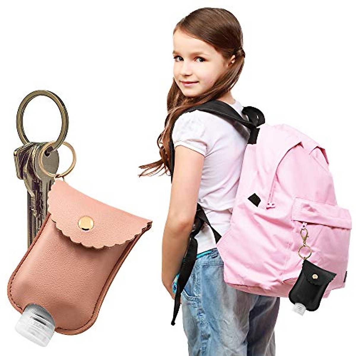 Hzran Portable Squeeze Bottle, Empty Leakproof Plastic Travel Bottle with Leather Keychain Holder for Hand Sanitizer, Essential Oil, Refillable Bottle Clips to Diaper Bag, Travel Bag(2oz 2 pack-Pink)