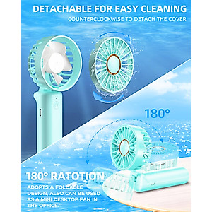 Hssio Portable Handheld Fan, Mini Desk Fan Foldable 2000mAh, 180° Ratotion, 3 Speeds, Ultra Quite, Up to 8H Long Use Time, Small Personal Cooling Fans Makeup Eyelash Fan, Black+Light Blue