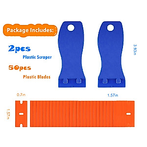 Plastic Blade Scraper, 2PCS Razor Scraper Tool 50PCS Double Edged Blades, Cleaning Scraper Remover for Decals, Stickers, Labels, Caulk, Adhesive, Paint from Car Window and Glass