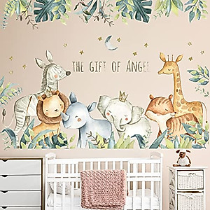 Animals Wall Sticker Green Leaves Wall Decal Cute Elephant Giraffe Zebra Wall Decals Cartoon Moon Stars Wall Mural for Nursery Kids Room