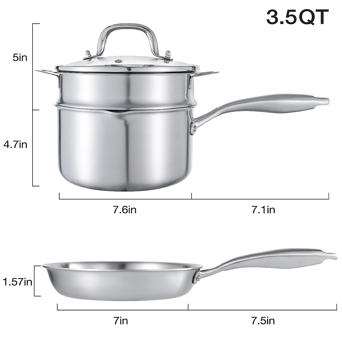 Buttermelt Pots and Pans Set- Tri-ply Full Body Stainless Steel Cookware Set, 3.5QT Saucepan with Steamer Basket & 7 Inch Frying Pan Skillet, Pots and Pans for Boiling Gravies, Pasta, Noodles, Omelet