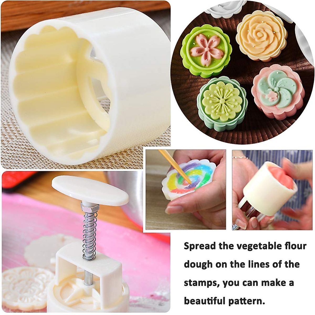 MooncakeMoulds 125g/75g, Mid-Autumn Festival Hand-Pressure MoonCakeMoulds, DIY Hand Press Cookie Stamps Pastry Tool. (4pcs 125g square + 6pcs roundpcs 75g)…