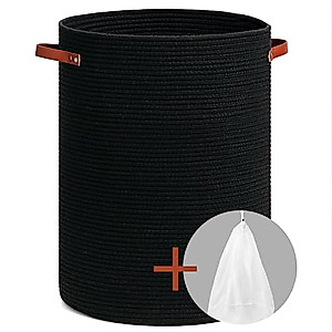 Goodpick Large Laundry Basket, 60L Tall Laundry Hamper with laundry Bag for Blankets, Clothes, Black Rope Laundry Basket for Living Room, 15 x 20 Inches