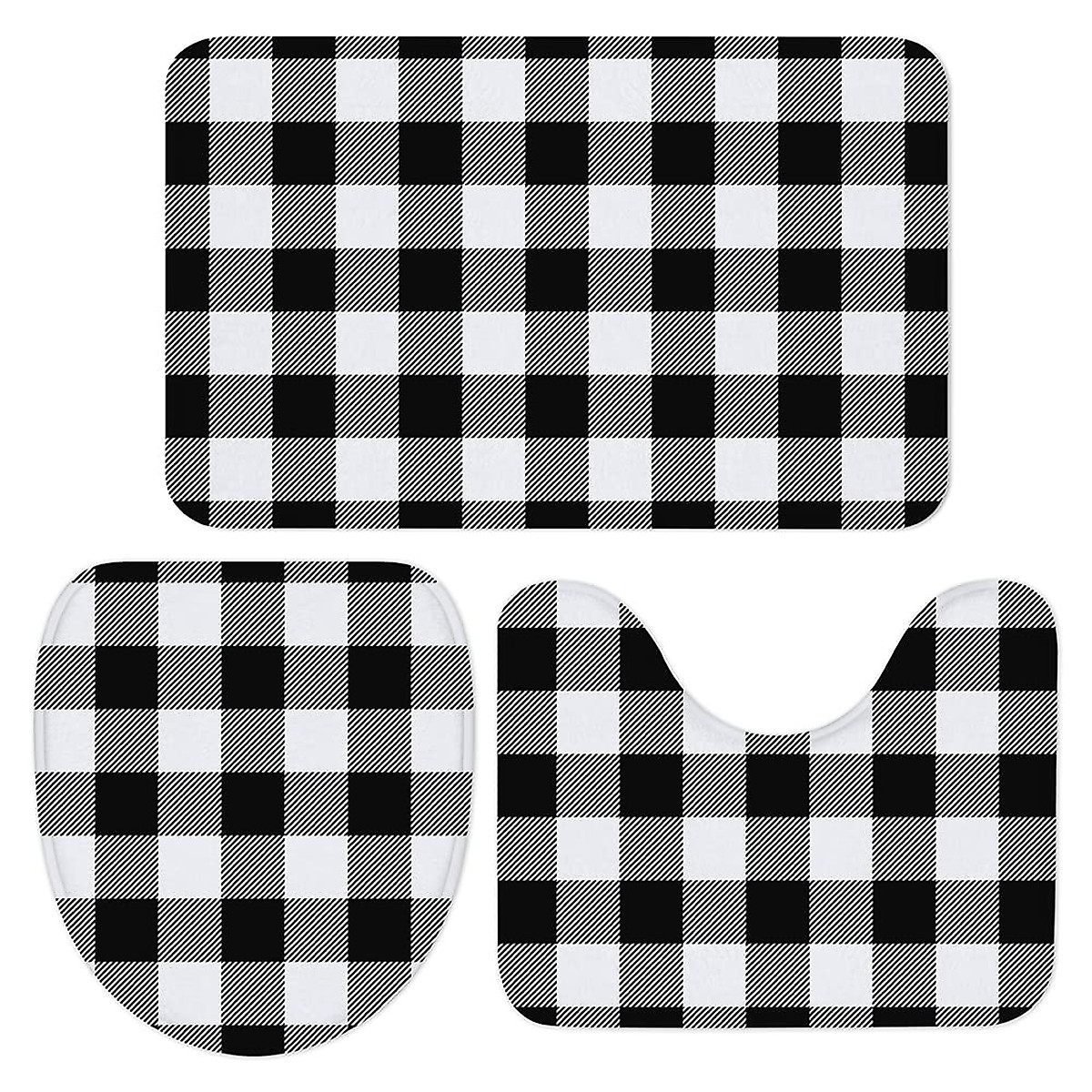 Royalours Plaid Bath Mat Vintage White Black Gingham Checkered Tartan Buffalo Check Bathroom Mat Set 3 Pieces Rug Toilet Seat Lid Cover Non Slip Mat Anti-Skid Pad