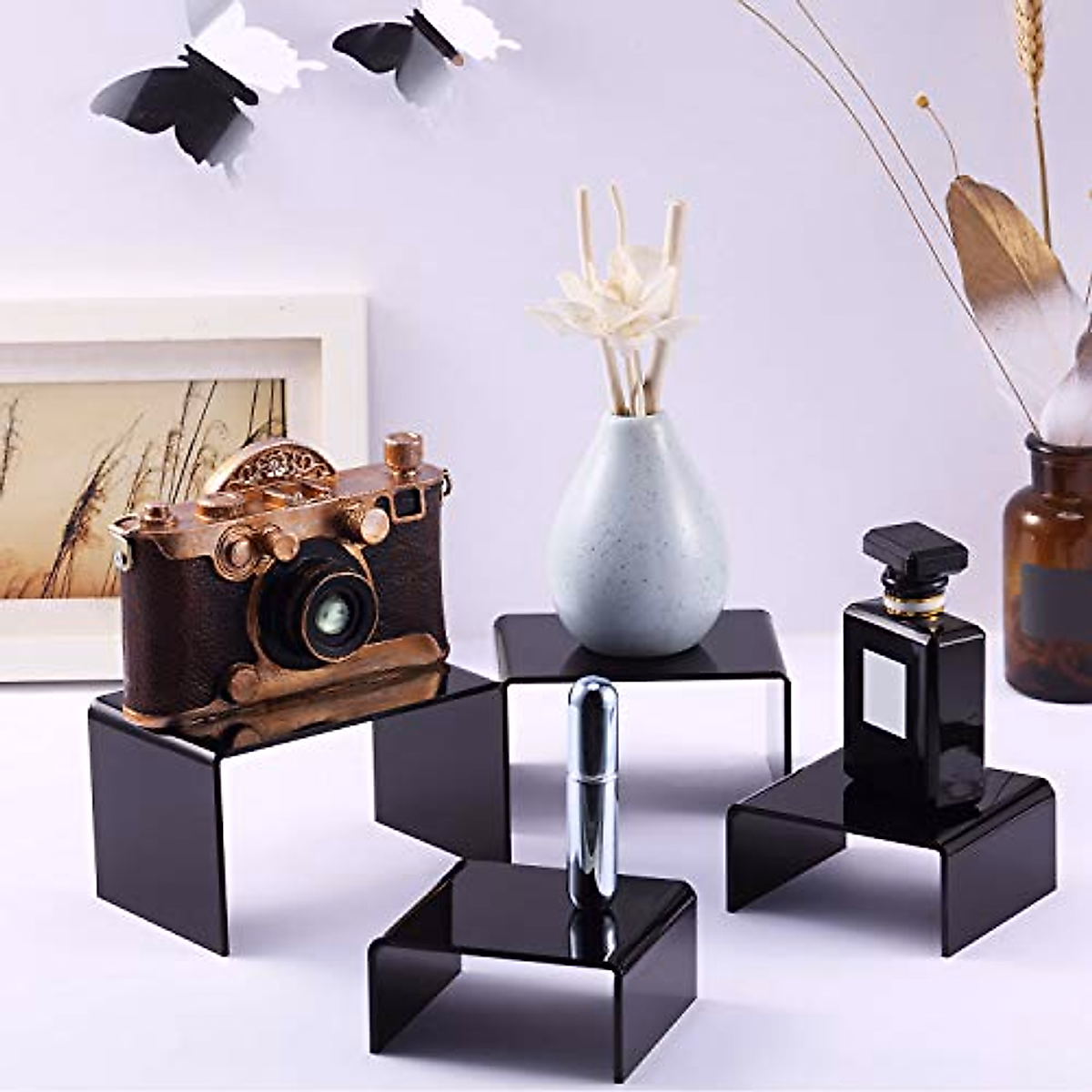 Chuangdi 2 Sets Acrylic Display Risers, Clear Product Stand, Jewelry Display Riser Shelf Showcase Fixtures for Dessert Cupcake Candy Treat Action Figure Display (Black,Medium Set)