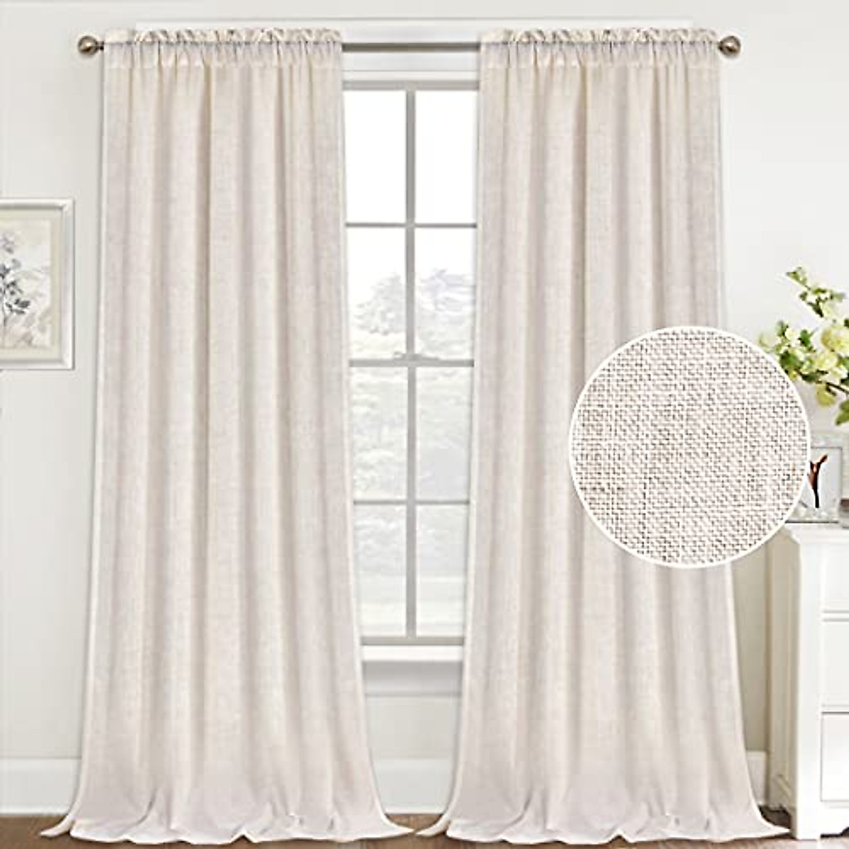 Natural Linen Curtains 108 Inches Extra Long Rod Pocket Semi Sheer Curtain Drapes Elegant Casual Linen Textured Window Draperies, Light Filtering Privacy Added Home Fashion 2 Panels, Natural