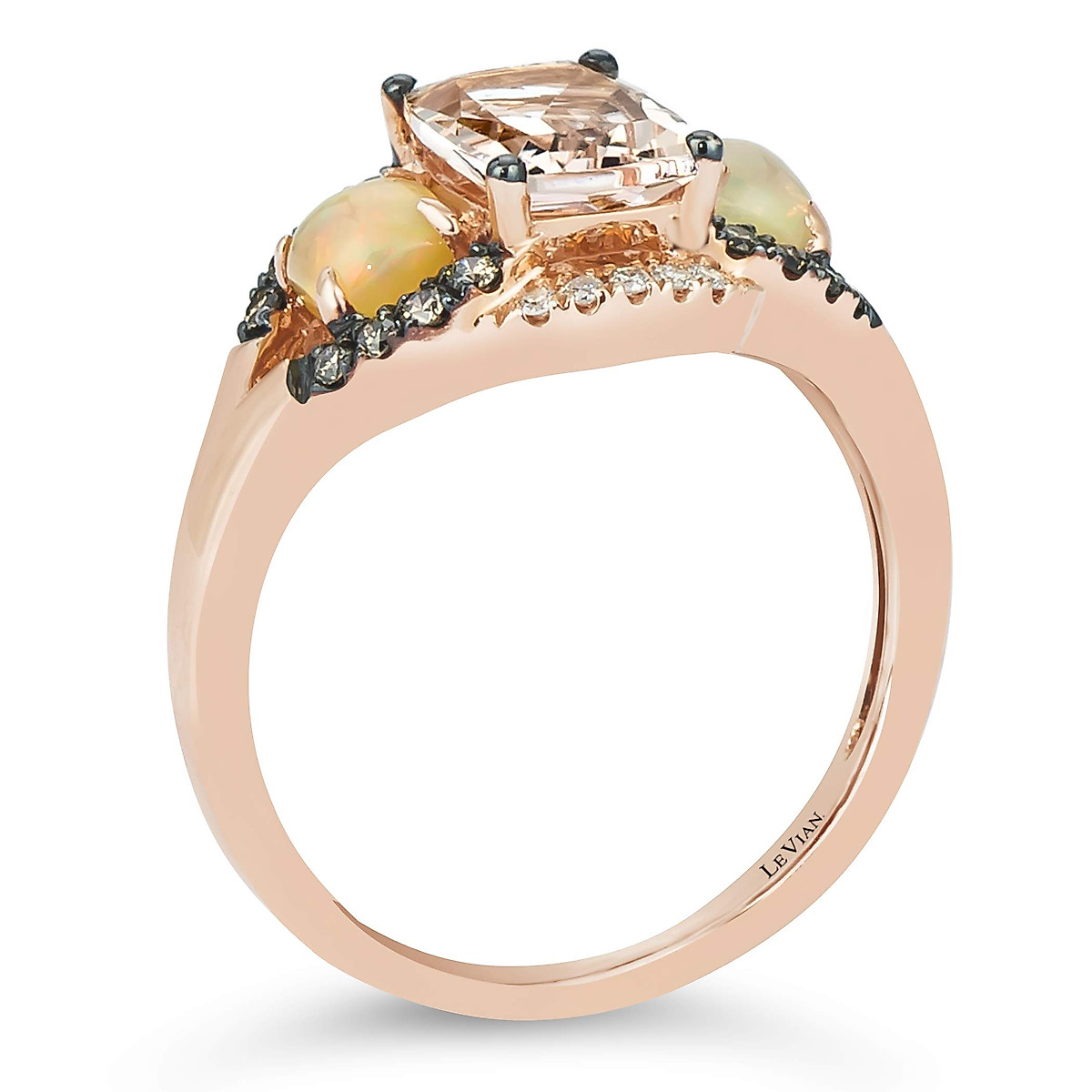 LE VIAN 1/6 Carat Diamond, Morganite and Opal Split Shank Ring for Women in 14k Rose Gold (Fancy Brown/G-H, VS2-SI2, cttw) Triple Stone Promise Anniversary Ring Size 7