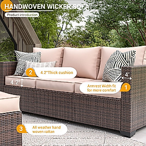 UDPATIO 6 Piece Patio Furniture 7 Seats Wicker Outdoor Sectional, Thick Cushions Patio Couch Chair with Ottoman & Storage Table for Porch, Balcony