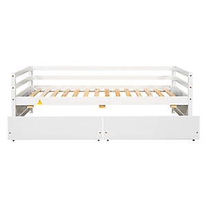 ROCKINGRUN Twin Daybed with 2 Storage Drawers,Pinewood Twin Size Daybed Frame with Guardrail,for Boys/Girls/Teens Bedroom, Easy to Assemble, No Box Spring Needed,White