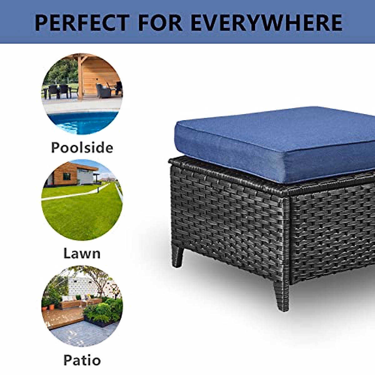 Outdoor Furniture Ottoman Set of 2 Patio Seating Footstool All-Weather Rattan Wicker Ottoman Seat with Soft Cushions for Patio Furniture Set