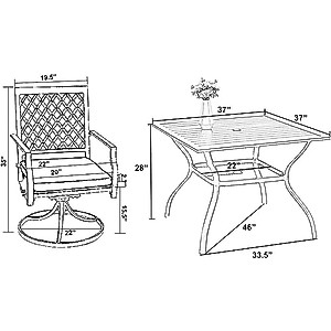 MFSTUDIO 5 PCS Metal Outdoor Patio Furniture Dining Set with 4 Metal Swivel Chairs and Square Dining Table with Umbrella Hole, Black