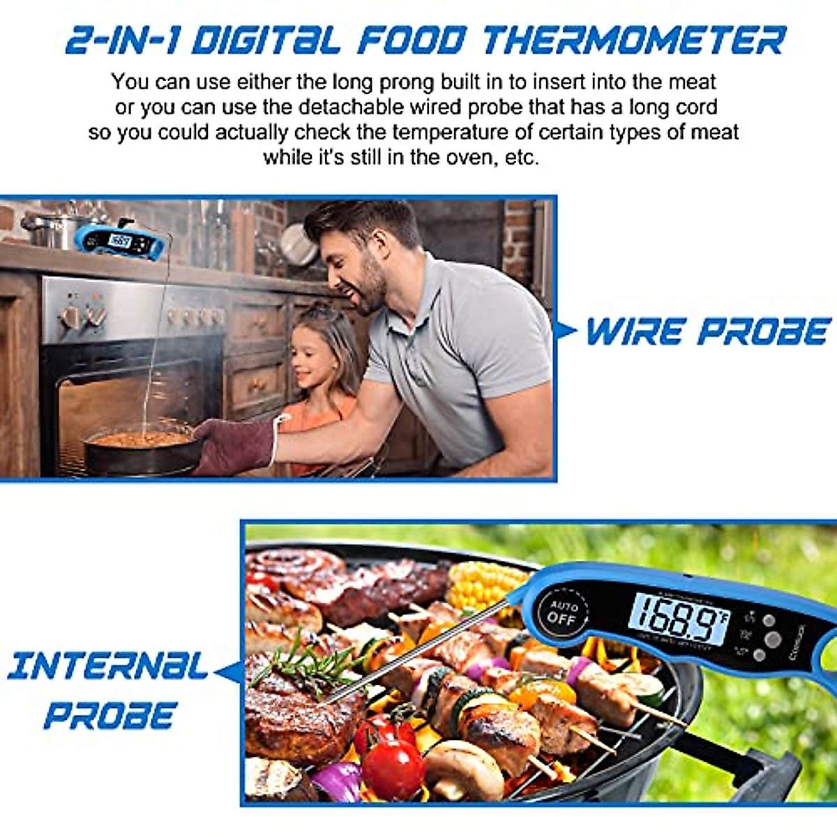 Digital Meat Thermometer for Cooking - Comluck CA002 Instant Read Meat Thermometer for Grilling and Smoking 2-in-1 Dual Probe Oven Safe Food Thermometer with Alarm for Grill BBQ Steak Turkey