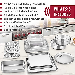 E-far 12-Piece Stainless Steel Bakeware Sets, Metal Baking Pan Set Include Round Cake Pans, Square/Rectangle Baking Pans with Lids, Cookie Sheet, Loaf/Muffin/Pizza Pan, Non-toxic & Dishwasher Safe