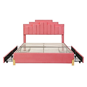 YOPTO Queen Size Velvet Upholstered Platform Bed with LED Lights and 4 Storage Drawers, w/Headboard & Slat Supports,Stylish Irregular Metal Bed Legs Design,for Kids Teens Adults,Pink