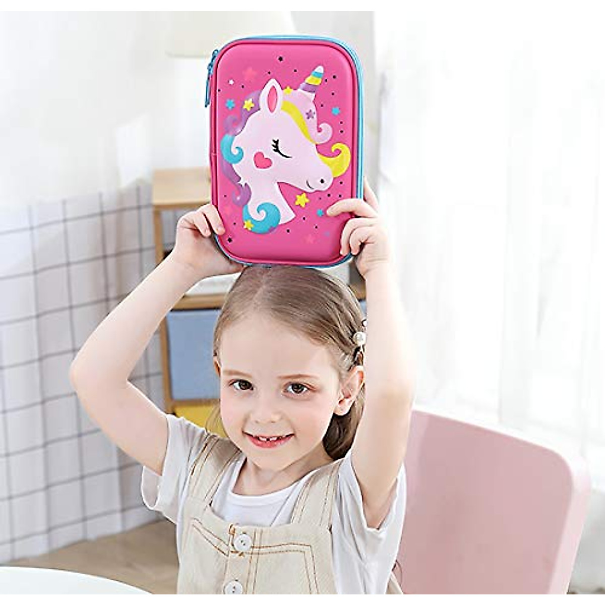 Pencil Case for Girls, 3D Cute EVA Unicorn Pen Pouch Stationery Box Anti-Shock Large Capacity Multi-Compartment for School with 4 unicorn pens