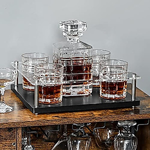 Whiskey Decanter Set With Glasses, Whiskey Glasses Set of 4 with Wooden Base,Crystal Wine Decanter for Men 750ML