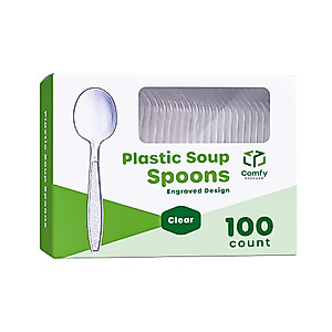 Comfy Package, [100 Pack] Heavyweight Disposable Clear Plastic Soup Spoons - Engraved Design