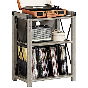 IDEALHOUSE Record Player Stand with Storage, Farmhouse Wooden Turntable Stand with X Metal Frame, 3-Tier Rustic Record Player Side Table for Living Room, Bedroom, Office - Grey