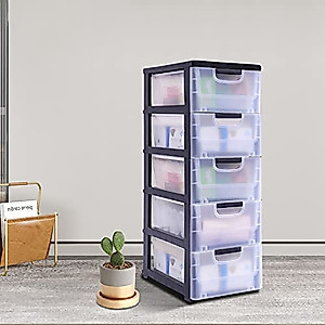 DYRABREST Transparent Plastic Drawers,Simple Storage 5 Drawer Storage Tower, Black Frame with Clear Drawers Storage Cabinet Tall Closet Drawers Organizer for Clothes,Playroom,Bedroom Furniture